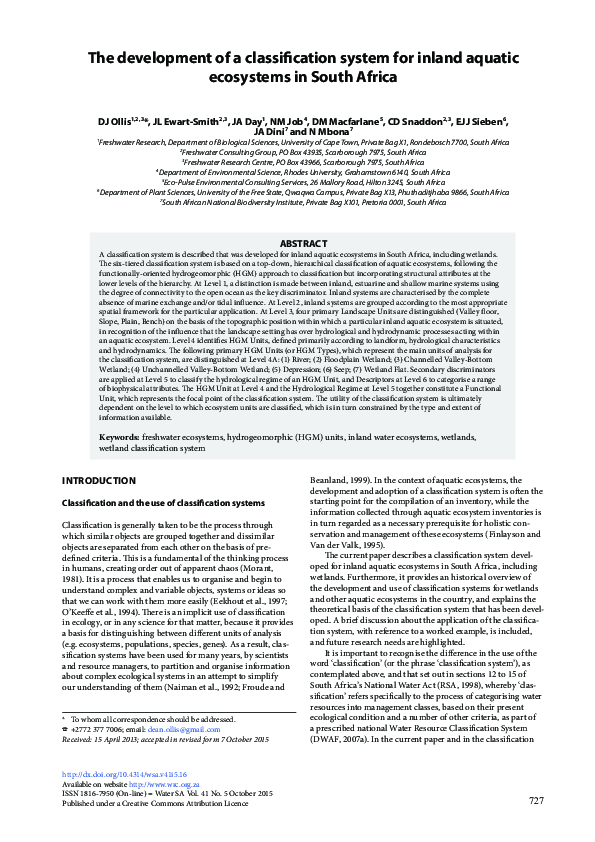 (PDF) The development of a classification system for inland aquatic ...
