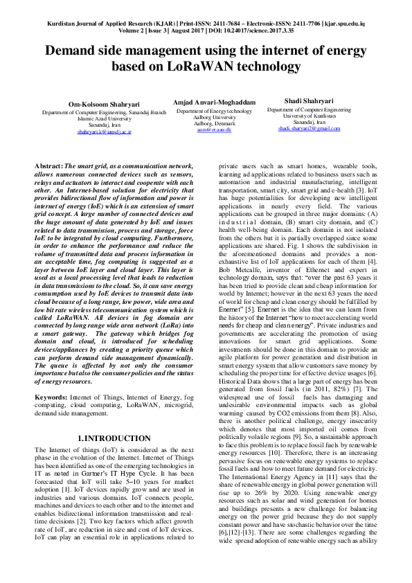(PDF) Demand side management using the internet of energy based on LoRaWAN technology