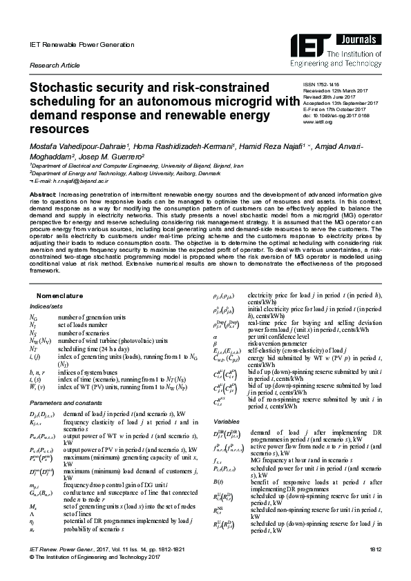 (PDF) Stochastic security and risk‐constrained scheduling for an autonomous microgrid with ...