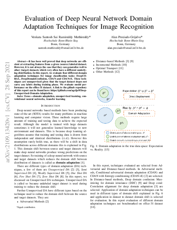 Pdf Evaluation Of Deep Neural Network Domain Adaptation Techniques For Image Recognition