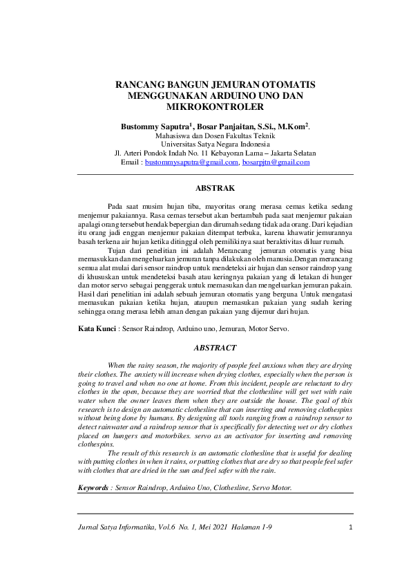 Pdf Rancang Bangun Jemuran Otomatis Menggunakan Arduino Uno Dan Mikrokontroler