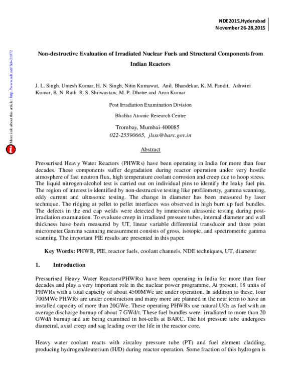 (PDF) Non Destructive Evaluation of Irradiated Nuclear Fuel Pins at ...