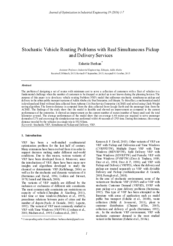 Pdf Stochastic Vehicle Routing Problems With Real Simultaneous Pickup And Delivery Services
