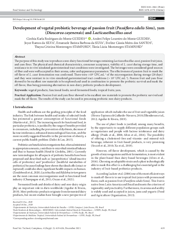 (PDF) Development of vegetal probiotic beverage of passion fruit (Passiflora edulis Sims), yam ...