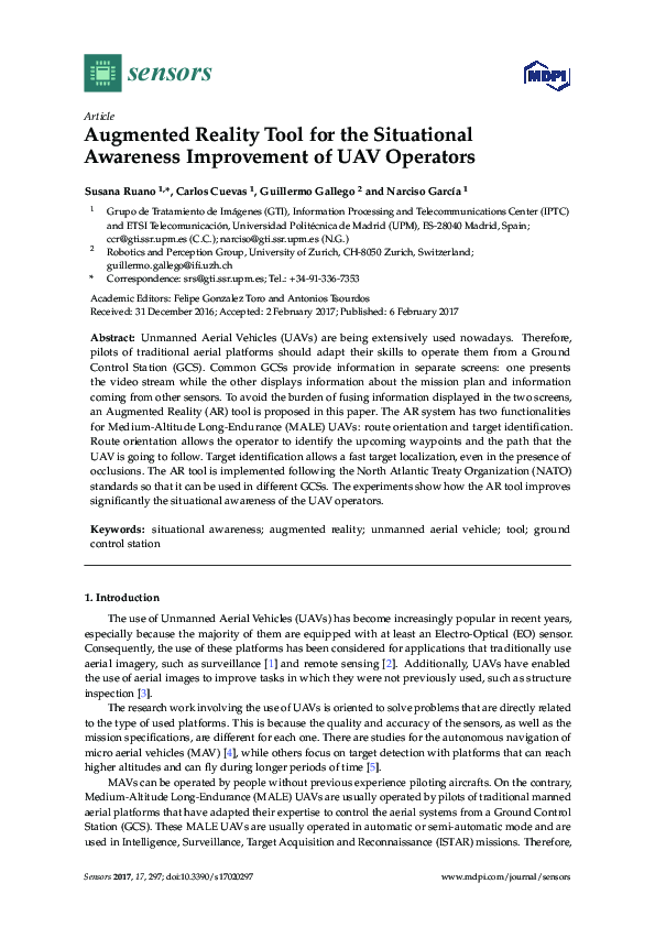 (PDF) Augmented Reality Tool for the Situational Awareness Improvement of UAV Operators