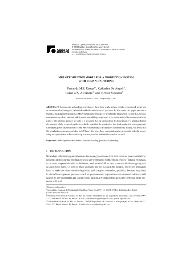 (PDF) MRP Optimization Model for a Production System with Remanufacturing