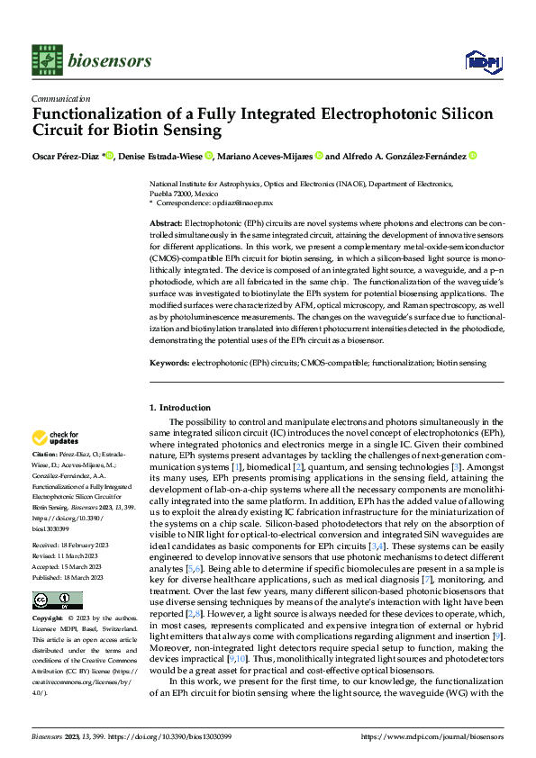 (PDF) Functionalization of a Fully Integrated Electrophotonic Silicon Circuit for Biotin Sensing