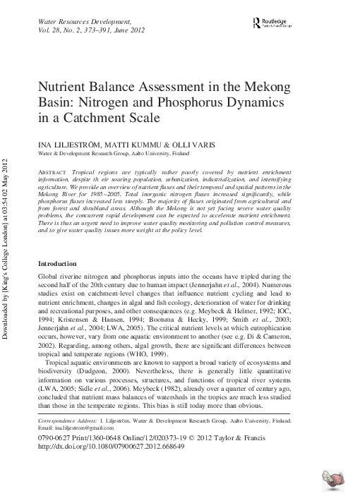 (PDF) Nutrient Balance Assessment in the Mekong Basin: Nitrogen and ...