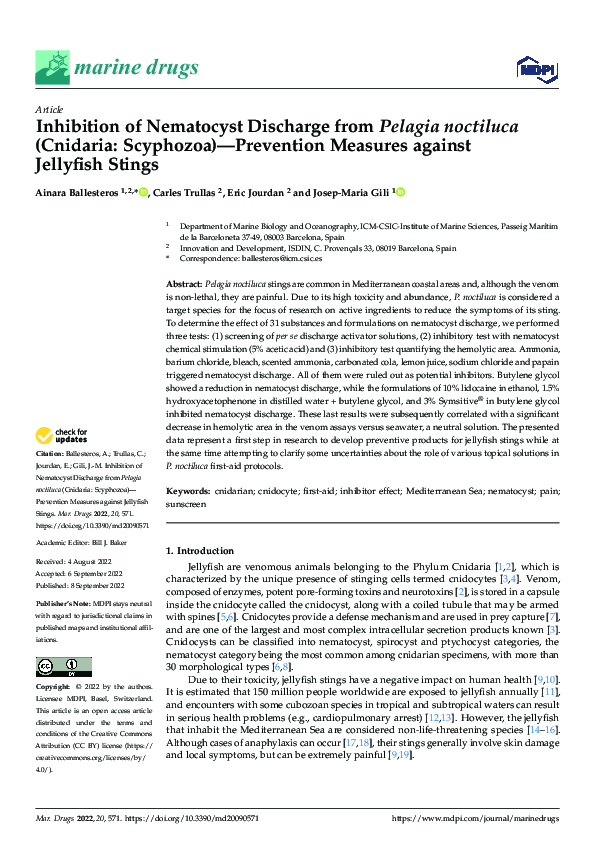 (PDF) Inhibitors of Nematocyst Discharge from Pelagia noctiluca
