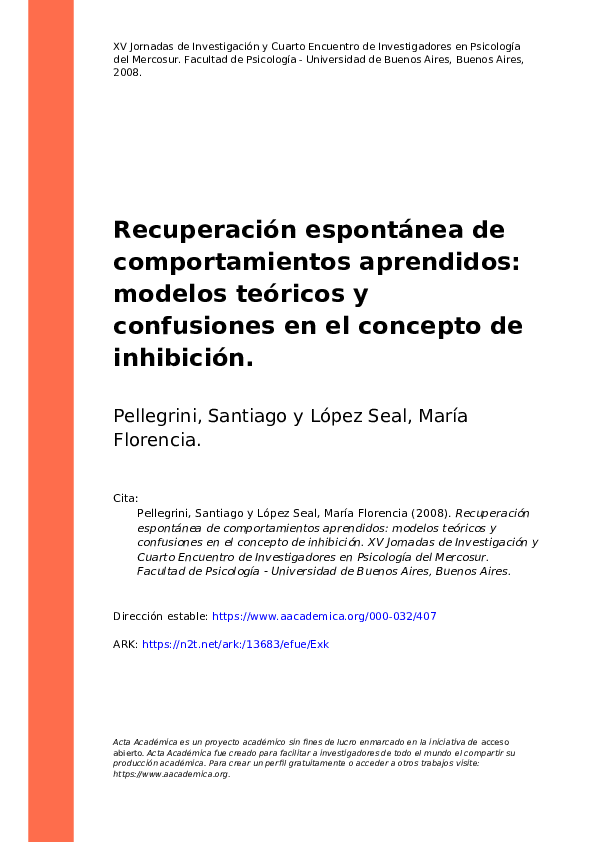 (PDF) Recuperación Espontánea De Comportamientos Aprendidos: Modelos ...