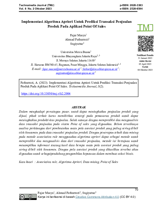 (PDF) Implementasi Algoritma Apriori Untuk Prediksi Transaksi Penjualan Produk Pada Aplikasi ...