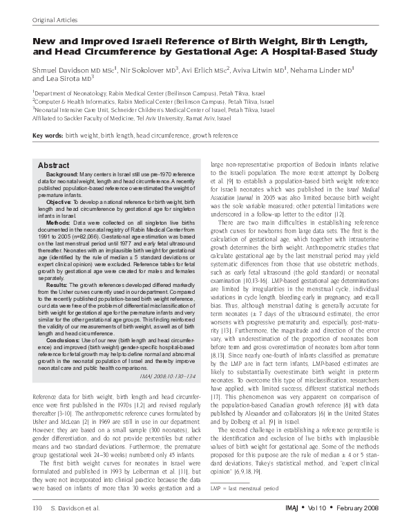 (PDF) New and improved Israeli reference of birth weight, birth length ...