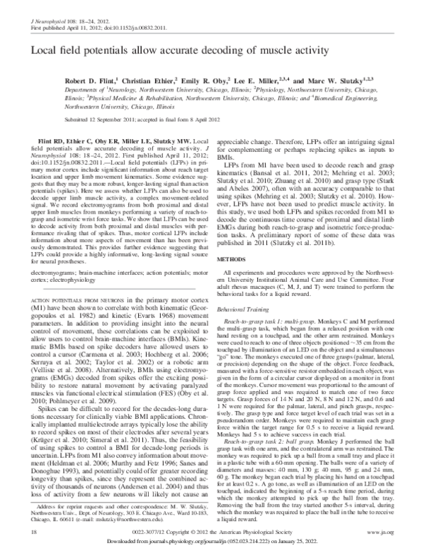 Pdf Local Field Potentials Allow Accurate Decoding Of Muscle Activity Marc Slutzky