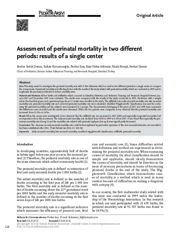 (PDF) Assesment of perinatal mortality in two different periods ...