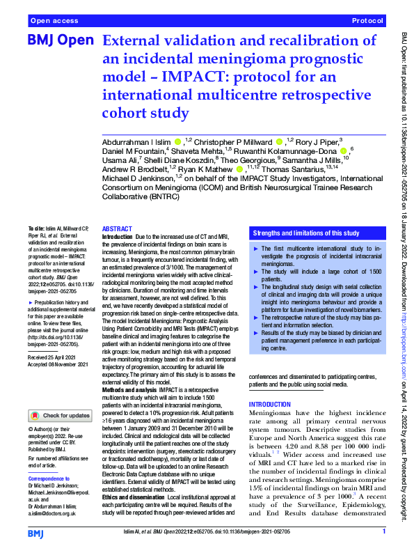 (PDF) External validation and recalibration of an incidental meningioma prognostic model ...