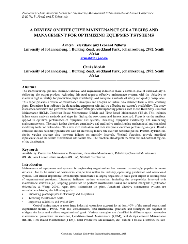 (PDF) A REVIEW ON EFFECTIVE MAINTENANCE STRATEGIES AND MANAGEMENT FOR ...