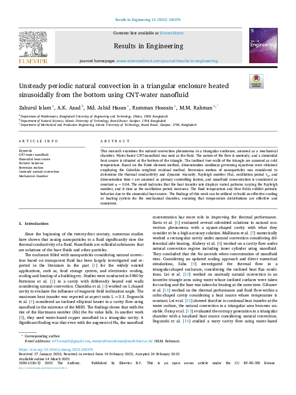 (PDF) Unsteady periodic natural convection in a triangular enclosure heated sinusoidally from ...