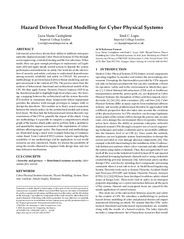 (PDF) Hazard Driven Threat Modelling for Cyber Physical Systems