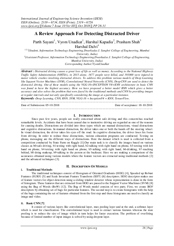 (PDF) A Review Approach For Detecting Distracted Driver
