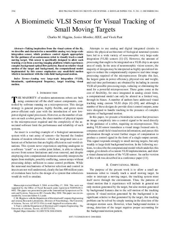 Pdf A Biomimetic Vlsi Sensor For Visual Tracking Of Small Moving Targets 