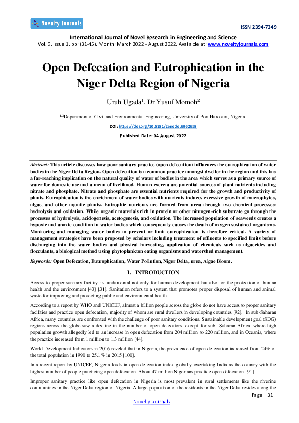 (PDF) Open Defecation and Eutrophication in the Niger Delta Region of ...