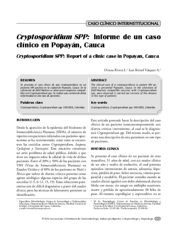 (PDF) Cryptosporidium SPP: Informe de un caso clínico en Popayán, Cauca ...