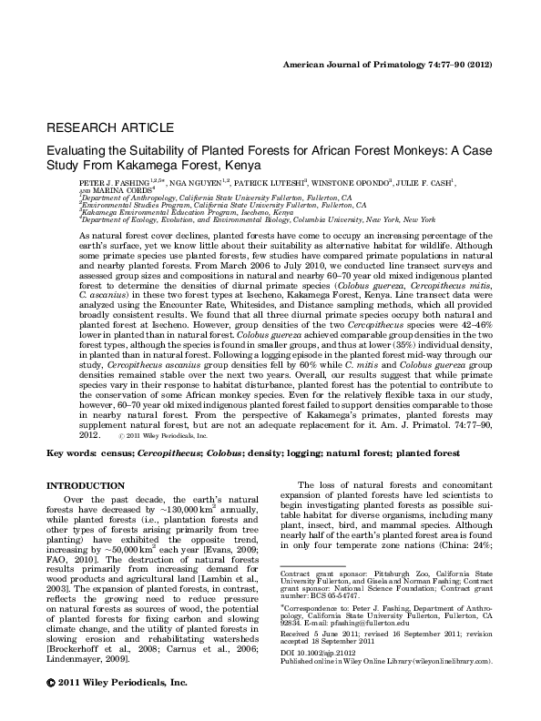 (PDF) Evaluating the suitability of planted forests for African forest monkeys: a case study ...