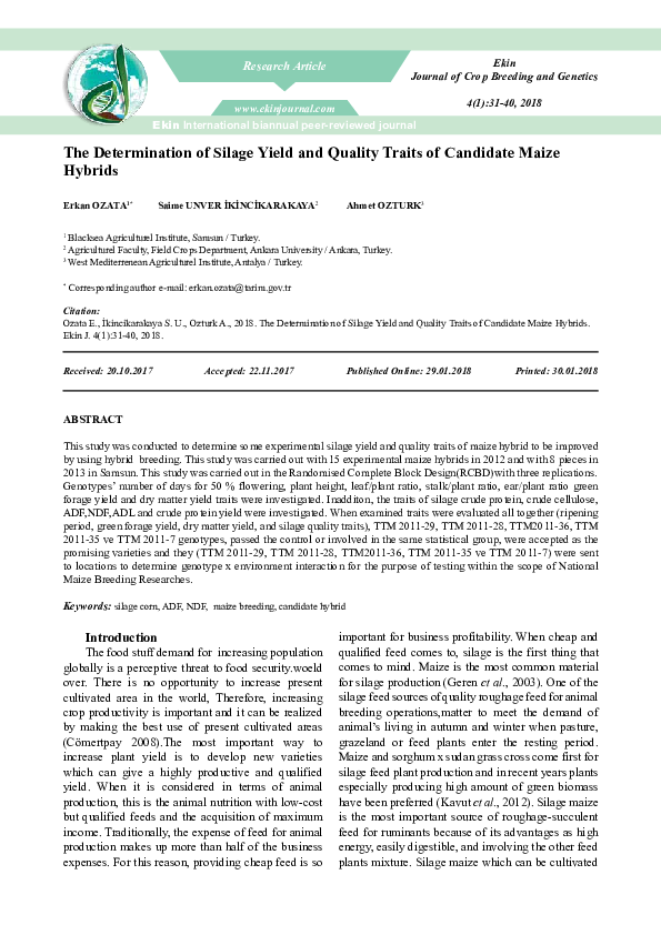 (PDF) The Determination of Silage Yield and Quality Traits of Candidate ...