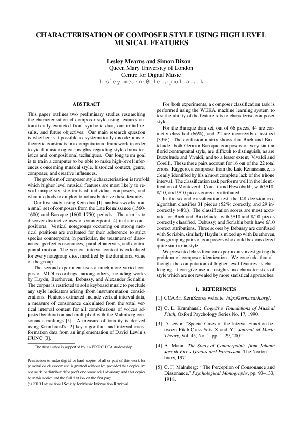 (PDF) Characterisation of composer style using high-level musical features