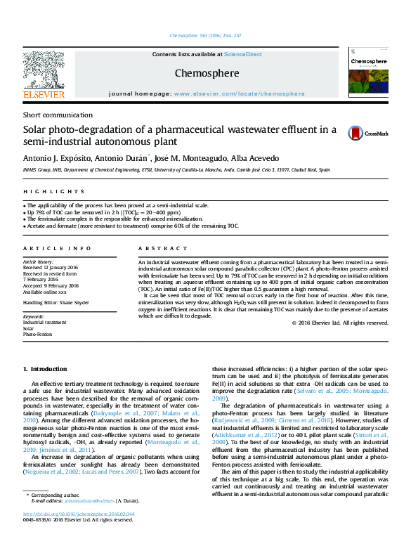(PDF) Solar photo-degradation of a pharmaceutical wastewater effluent ...