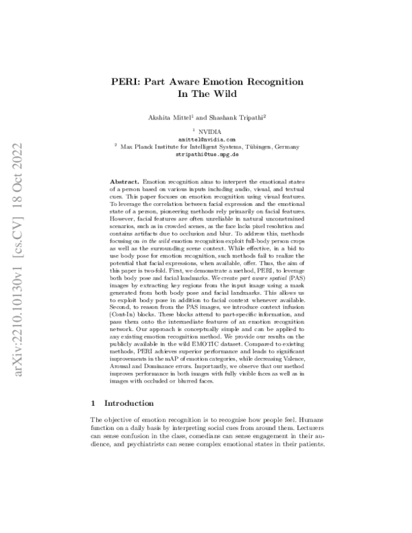 (PDF) PERI: Part Aware Emotion Recognition in the Wild | Akshita Mittel - Academia.edu