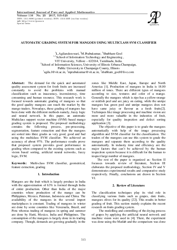 (PDF) Automatic Grading System for Mangoes Using Multiclass SVM Classifier