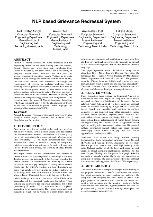 (PDF) NLP based Grievance Redressal System