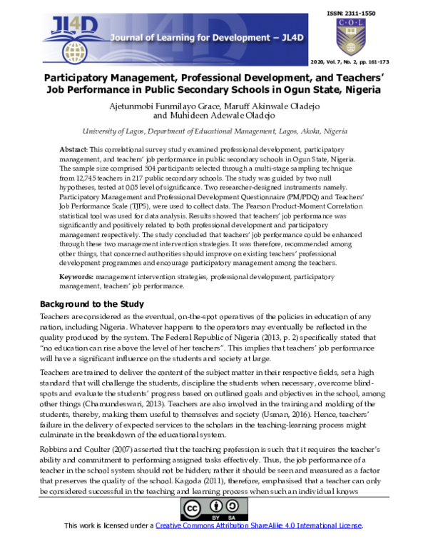 (PDF) Participatory Management, Professional Development, and Teachers’ Job Performance in ...