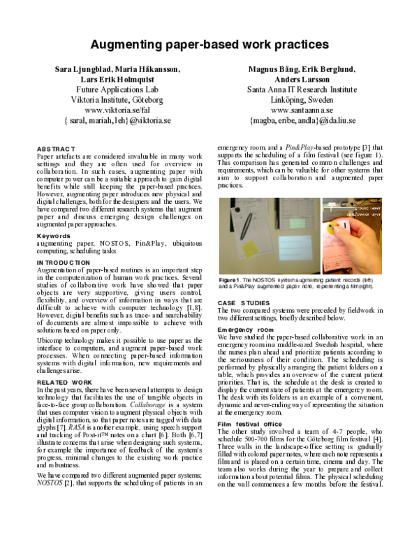 (PDF) Augmenting paper-based work practices | Sara Ljungblad - Academia.edu