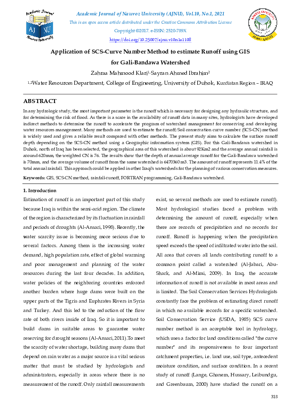 Pdf Application Of Scs Curve Number Method To Estimate Runoff Using