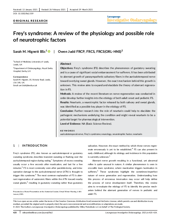 (PDF) Frey's syndrome: A review of the physiology and possible role of ...