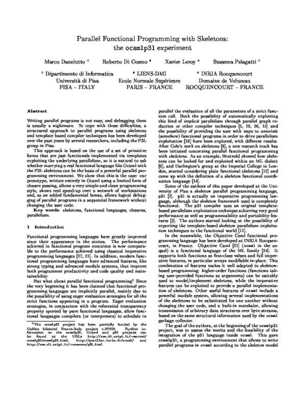 (PDF) Parallel functional programming with skeletons: the ocamlp3l ...