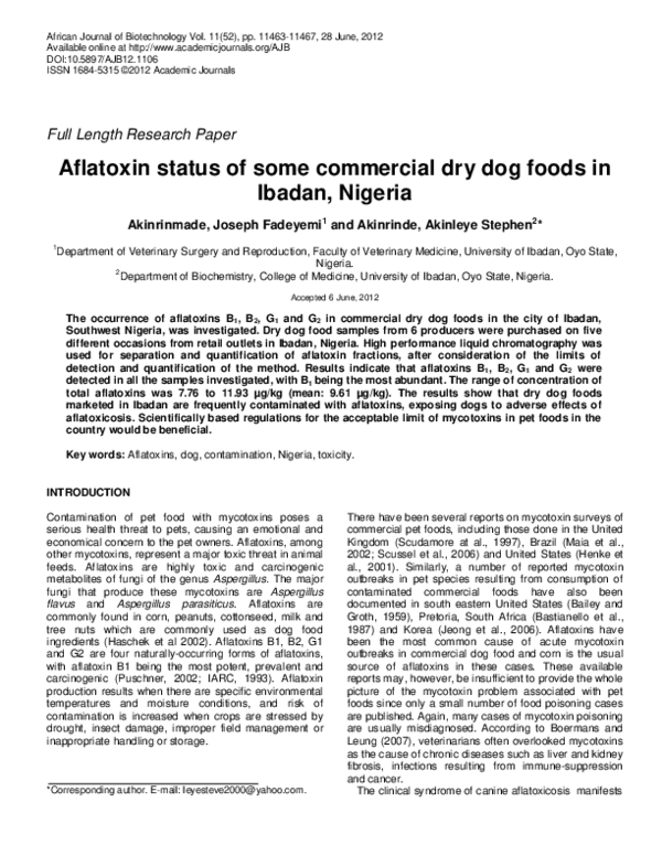 (PDF) Aflatoxin Contamination in Dog Foods in Ibadan