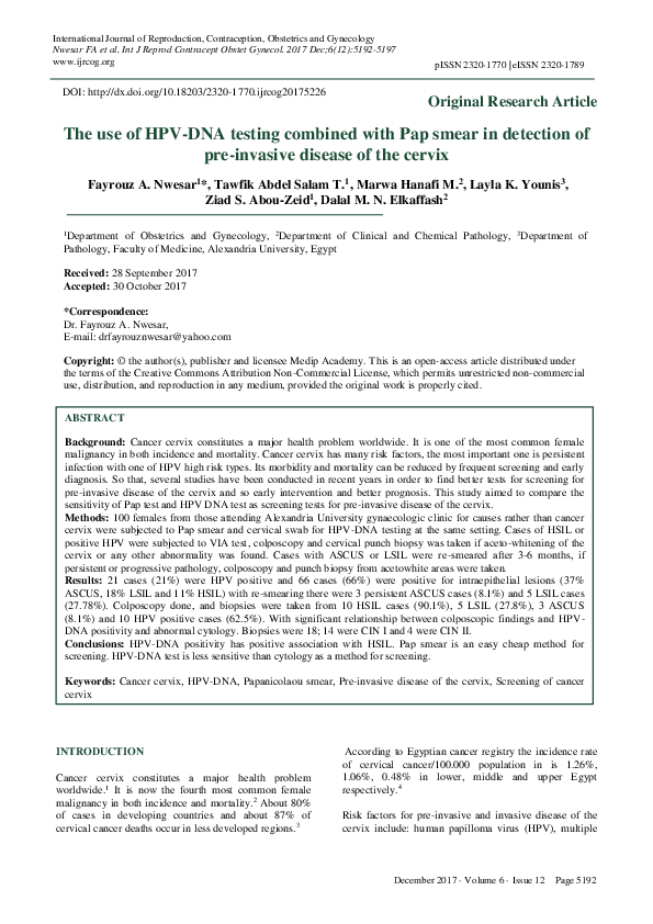 (PDF) The use of HPV-DNA testing combined with Pap smear in detection ...
