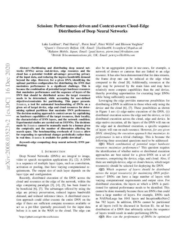 (PDF) Scission: Optimizing DNN Distribution for Performance