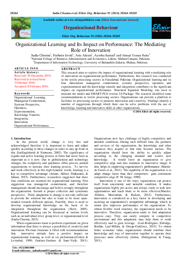 (PDF) Organizational Learning and Its Impact on Performance : The Mediating Role of Innovation
