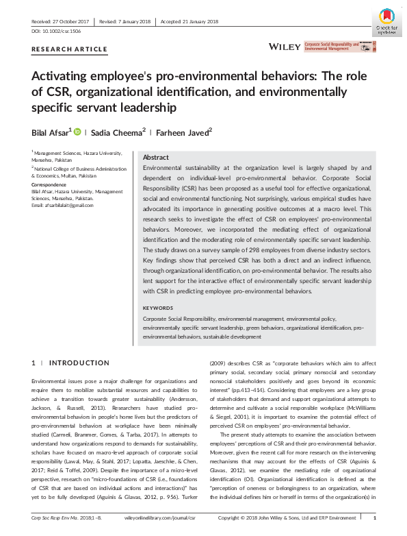 (PDF) Activating employee's pro-environmental behaviors: The role of CSR, organizational ...