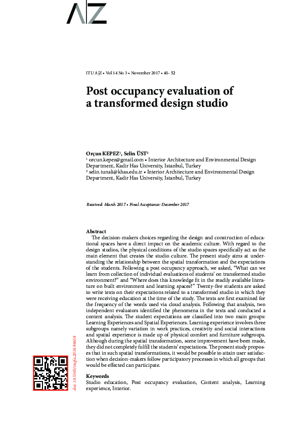 (PDF) Post Occupancy Evaluation of a Transformed Design Studio