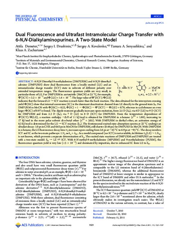 (PDF) Dual Fluorescence and Ultrafast Intramolecular Charge Transfer with 6-N,N ...