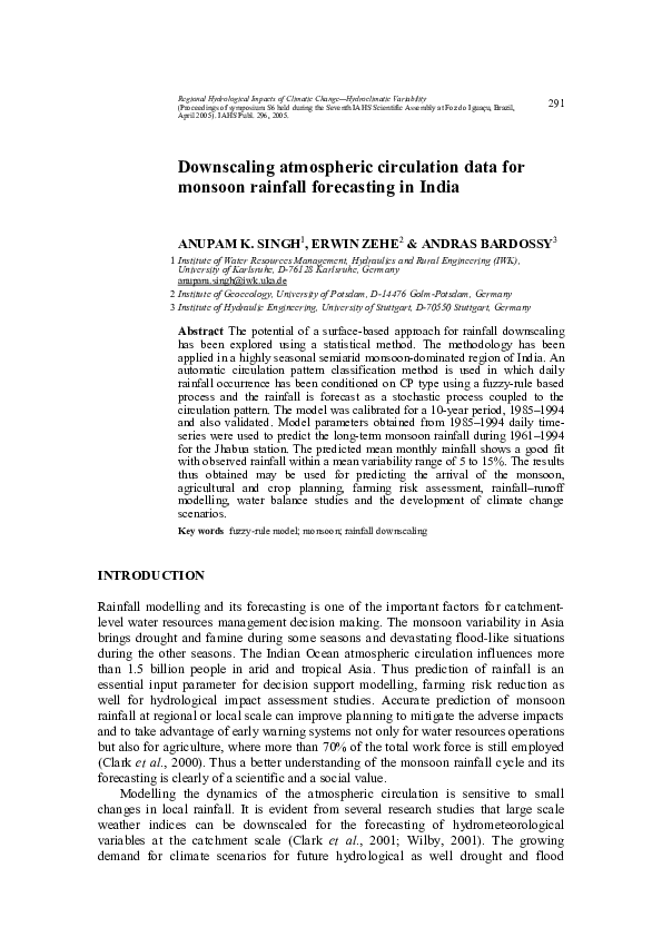 (PDF) Downscaling atmospheric circulation data for monsoon rainfall forecasting in India