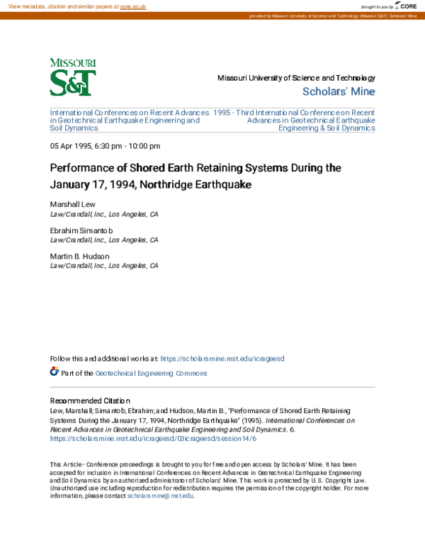 (PDF) Performance of Shored Earth Retaining Systems During the January ...