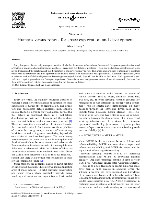 (PDF) Humans versus robots for space exploration and development