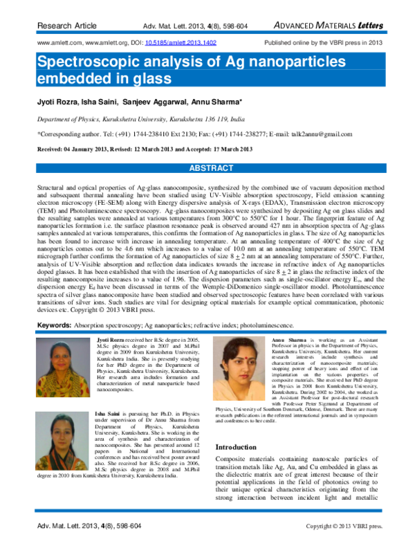(PDF) Spectroscopic Analysis Of Ag Nanoparticles Embedded In Glass