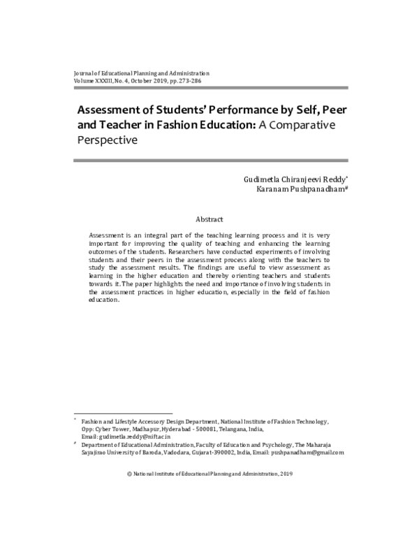 (PDF) Assessment of Students' Performance by Self, Peer and Teacher in Fashion Education: A ...